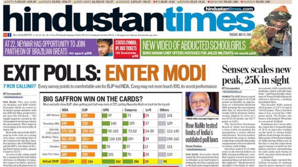 Modi's 'predicted win' in exit polls dominates India headlines - BBC News Modi's 'predicted win' in exit polls dominates India headlines - BBC News