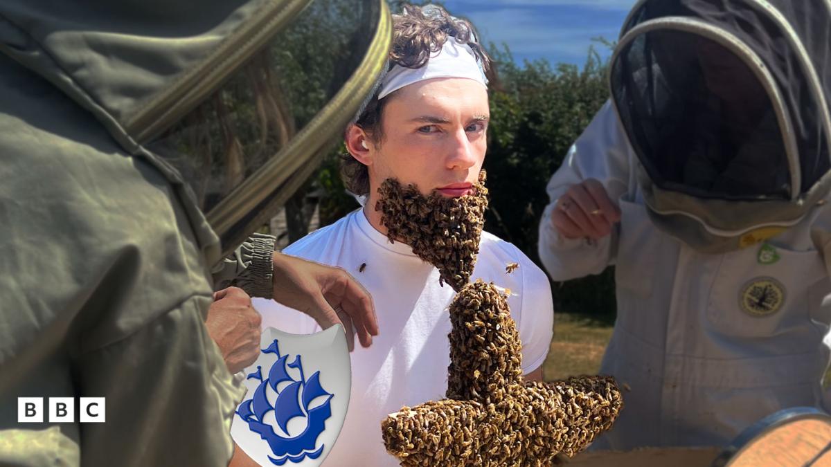Blue Peter Joel presenter challenge, beard of bees. - CBBC