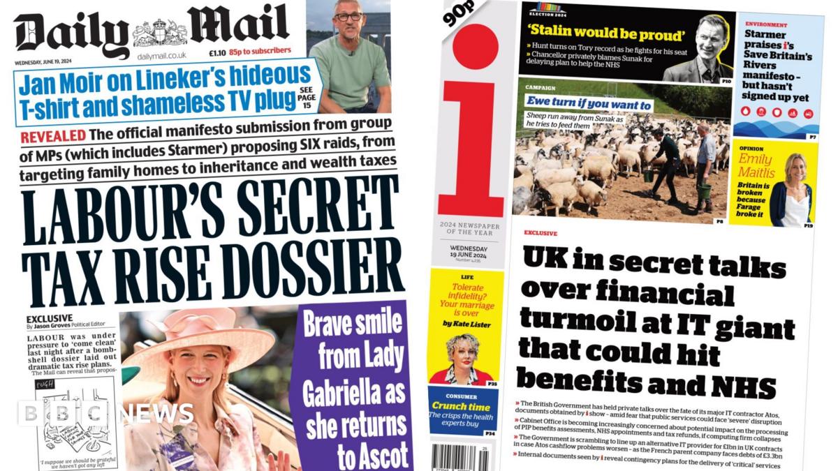 Newspaper headlines: 'Labour's secret tax rise dossier' and 'financial ...