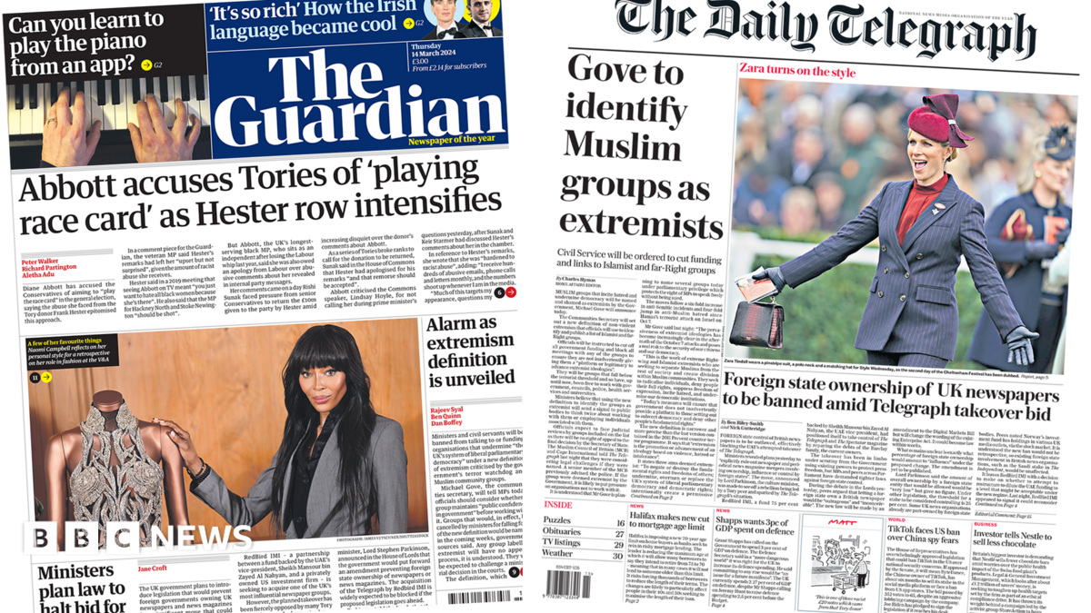 Newspaper headlines: Donor row intensifies and new extremism definition ...