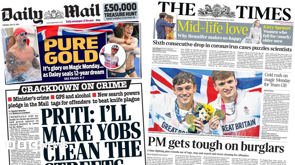 Newspaper headlines: 'Pure gold' at Olympics and tags for burglars plan ...