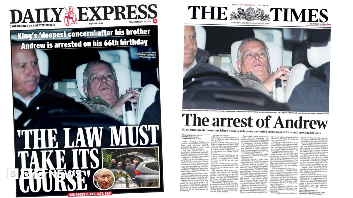 Newspaper headlines: 'Arrest of Andrew' and 'Law must take its course ...