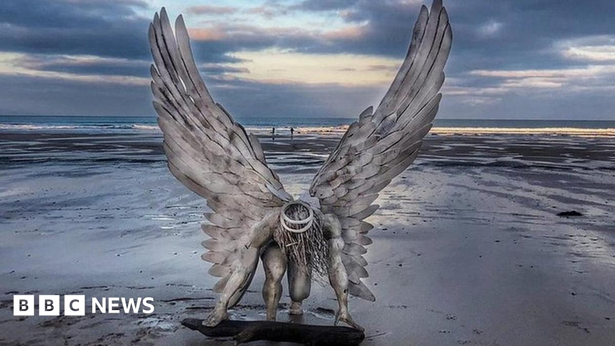 'Amazing' angel sculpture made entirely from driftwood - BBC News