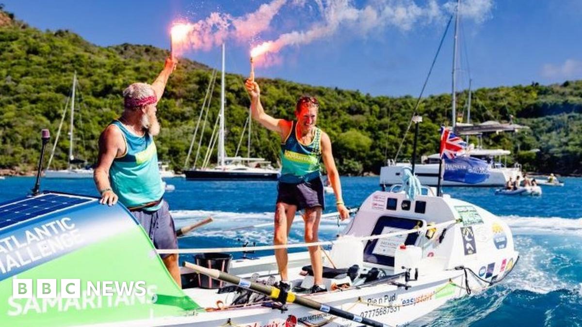 Colchester couple complete Atlantic charity row challenge - BBC News