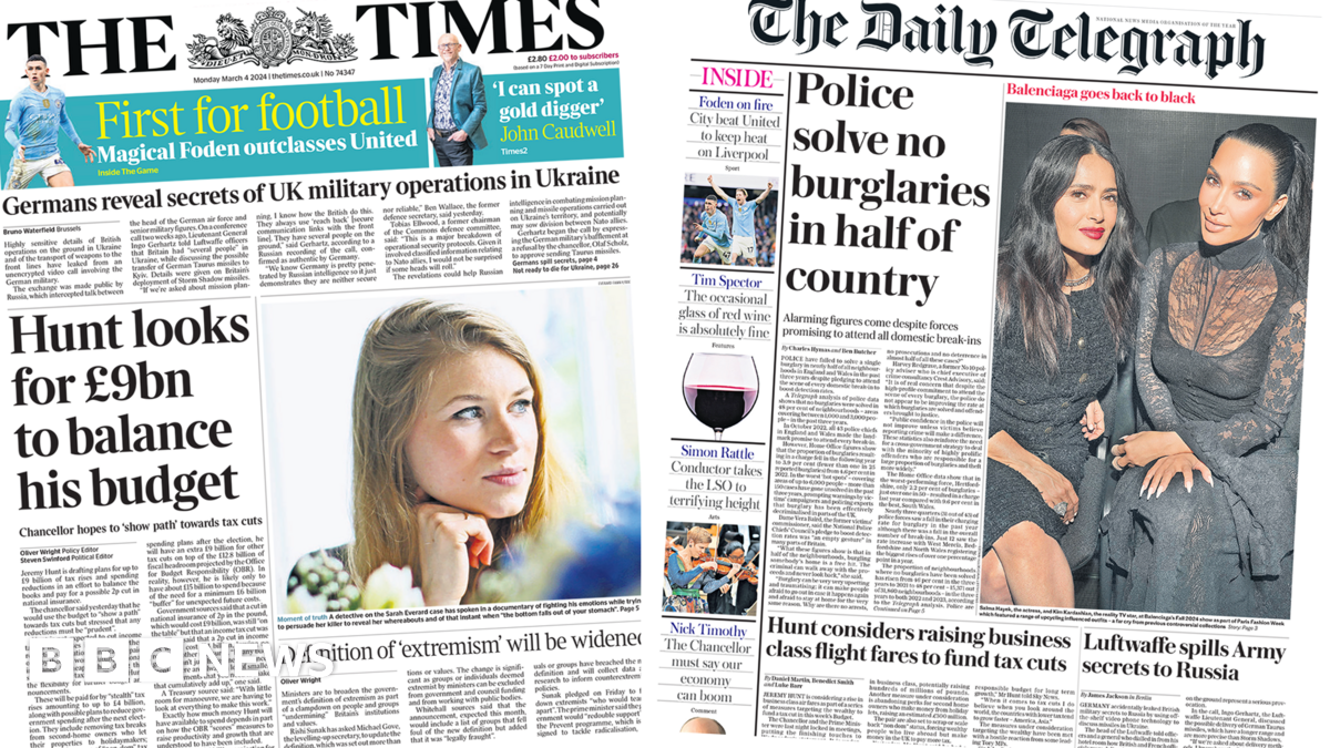 Newspaper headlines: Hunt looks for £9bn and German leaks on Ukraine ...