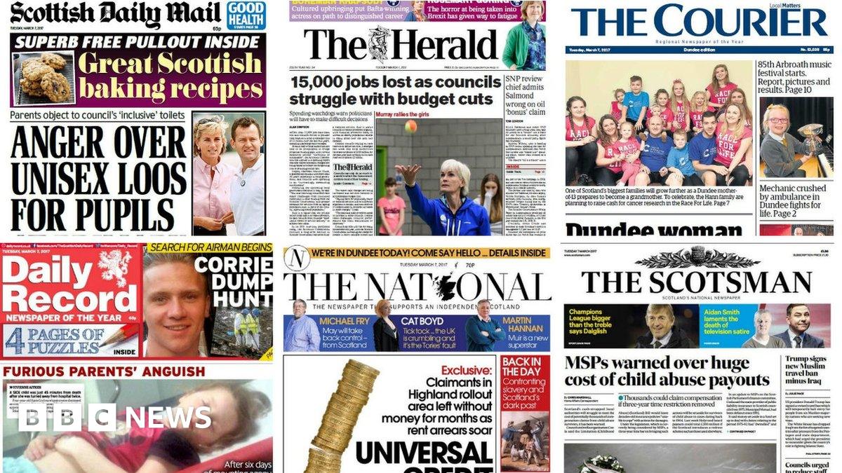 Front pages: Budget cuts impact and unisex school loos - BBC News