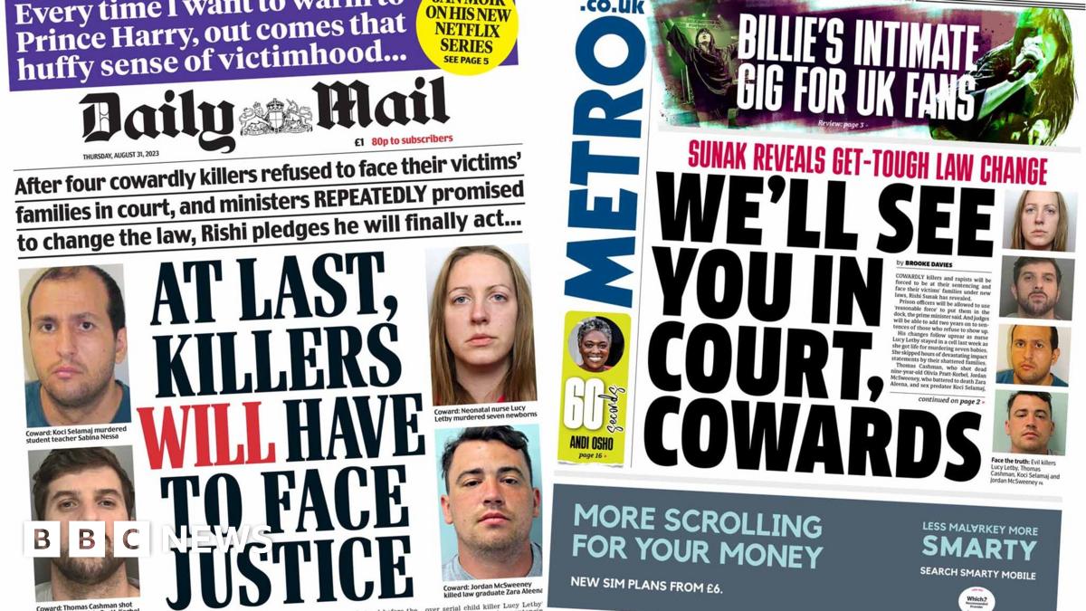 Newspaper headlines: New laws for 'cowardly killers' over sentencing ...