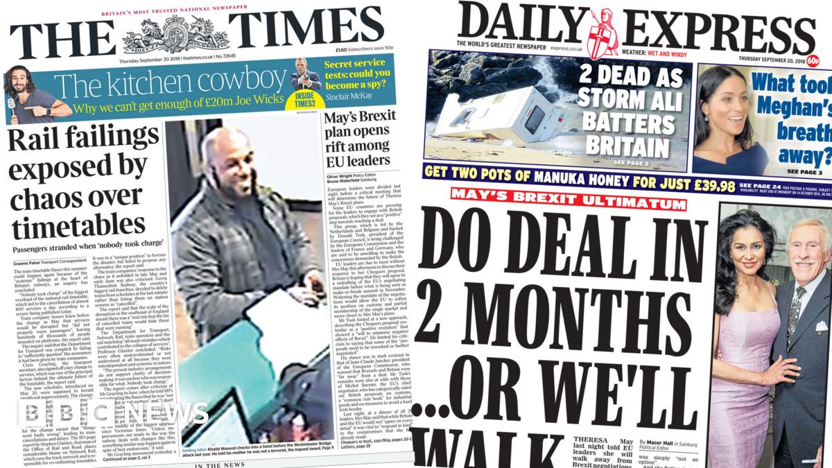 Newspaper headlines: 'Off the Rails' and May's warning to EU - BBC News