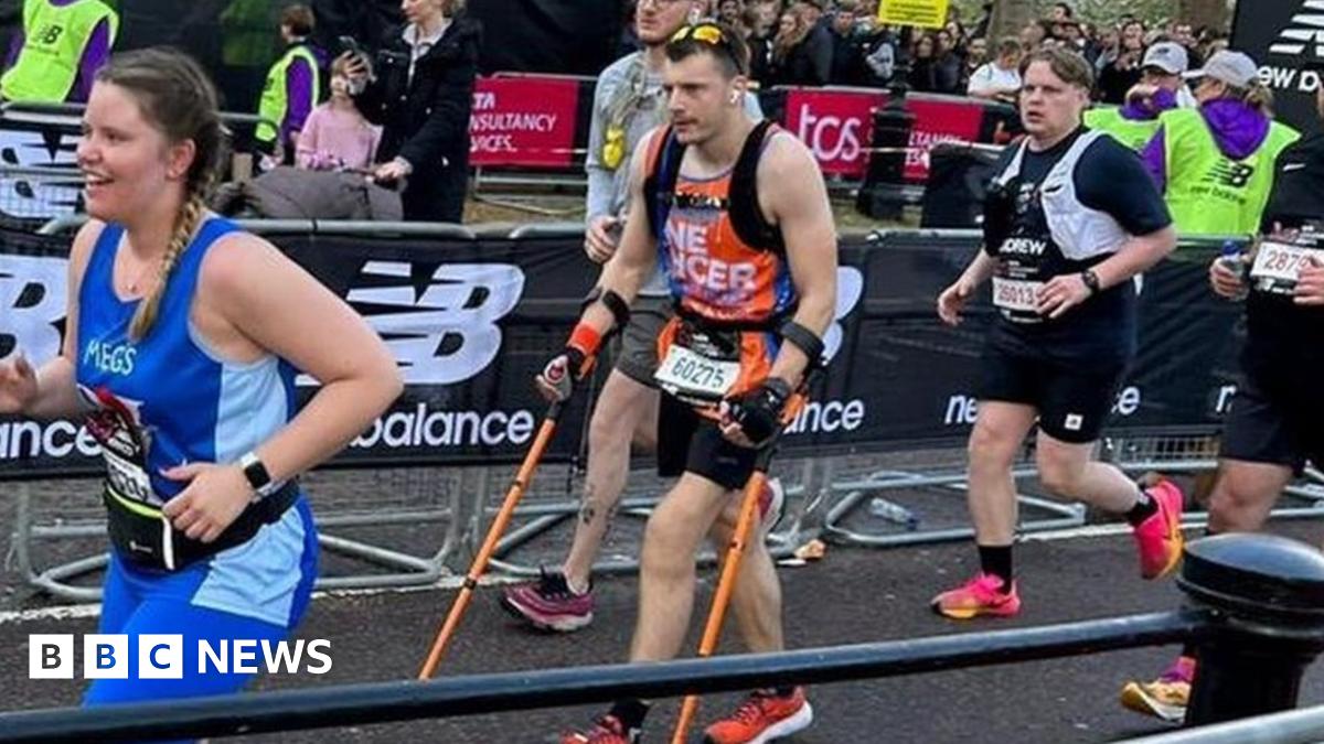 Cancer survivor 'thrilled' after running London Marathon on crutches ...