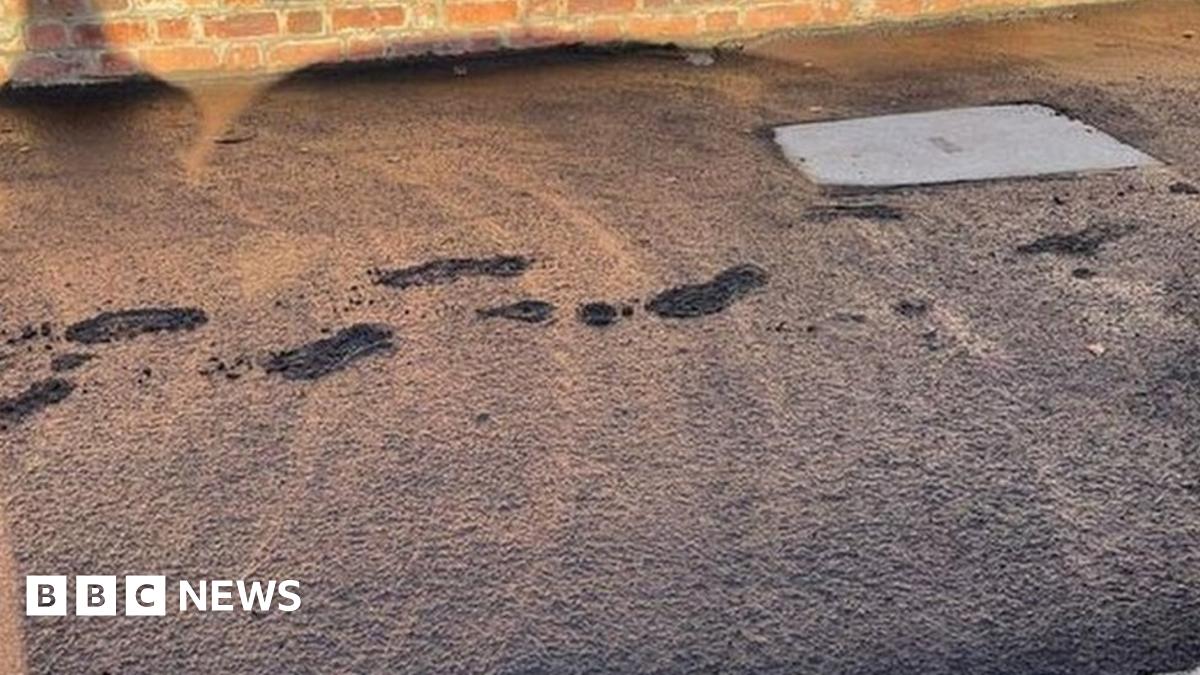 Footprints left in wet tar after workers fail to rope off pavement ...