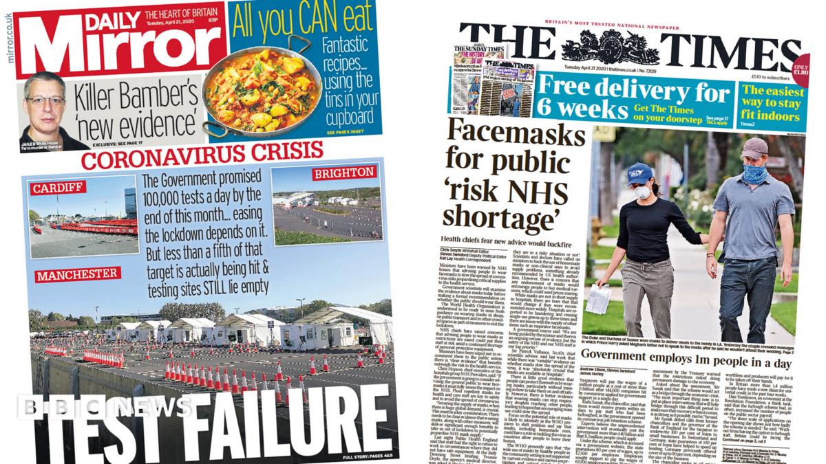 Newspaper headlines: Tests 'failure' and masks warning - BBC News