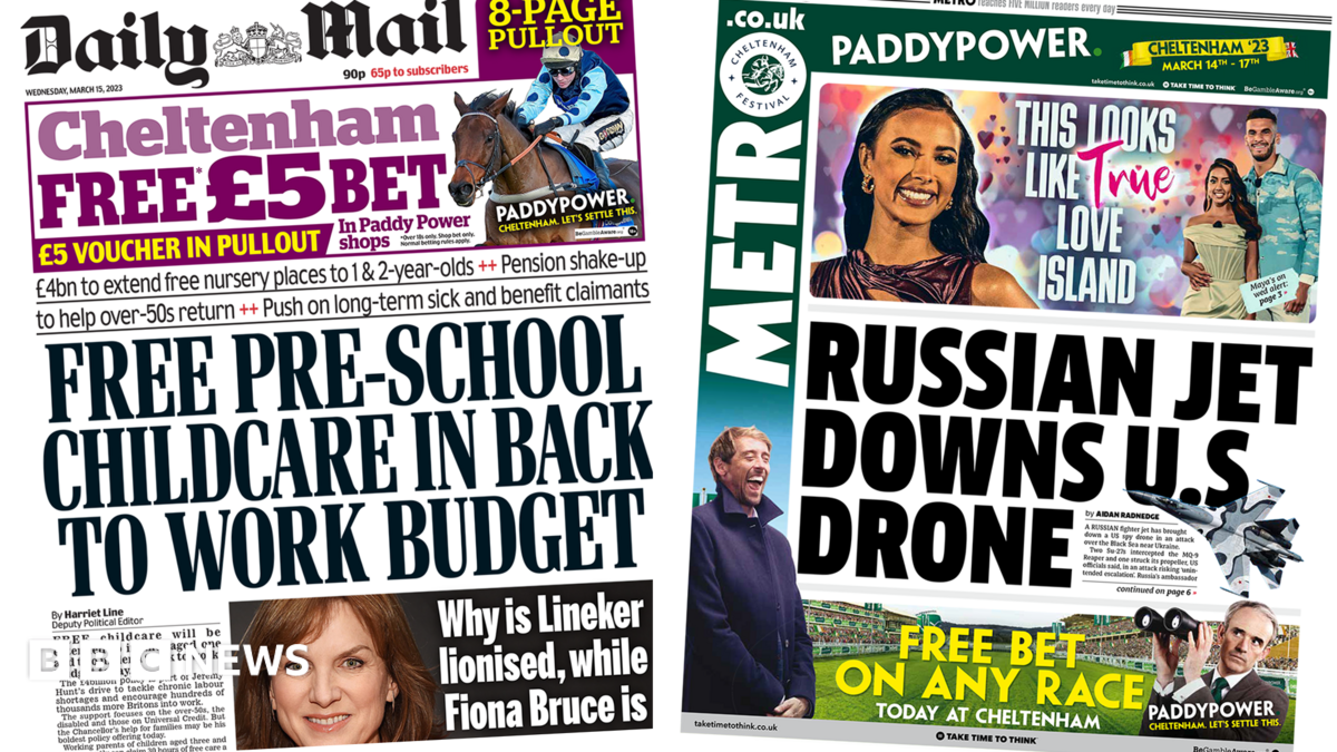 Newspaper headlines: 'Back to work budget' and 'Russia downs US drone ...