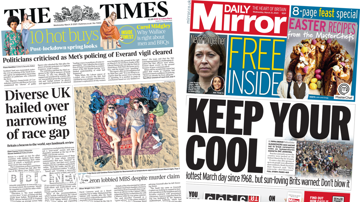 Newspaper headlines: Diverse UK 'hailed' and 'keep your cool' - BBC News
