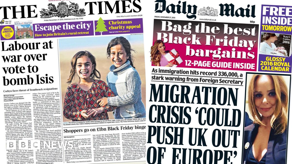 Newspaper headlines: Labour 'at war' and migration fears - BBC News