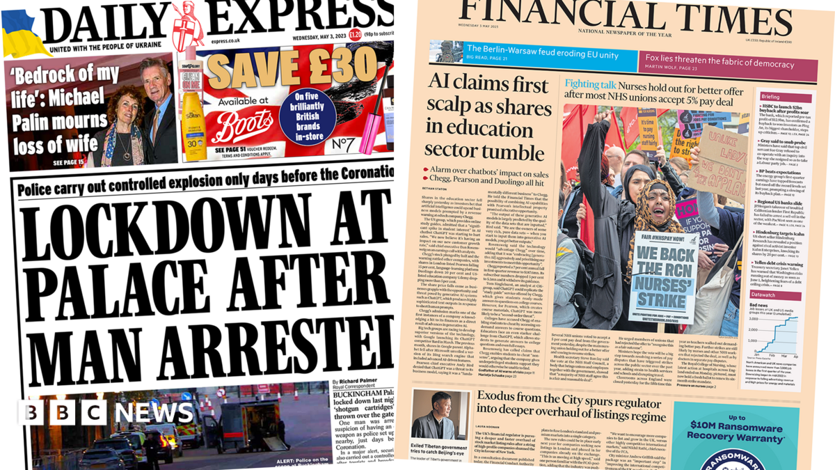 Newspaper headlines: 'Lockdown at Palace' and 'AI claims first scalp ...