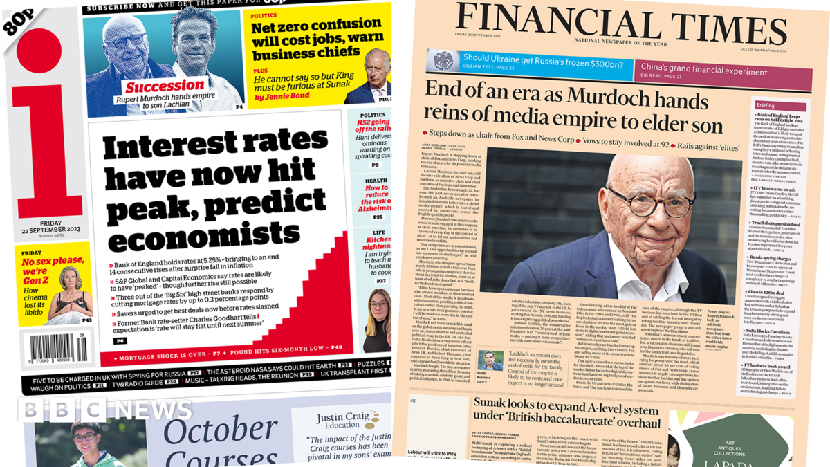 Newspaper headlines: Interest rates 'hit peak' and Murdoch 'ends reign ...