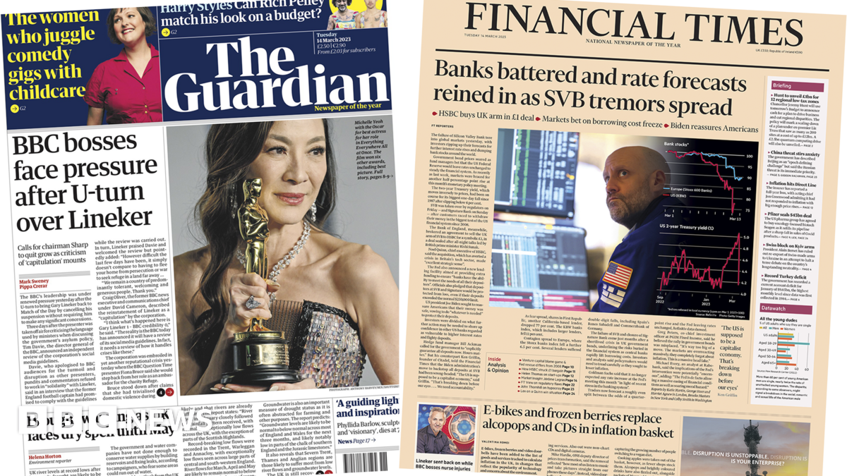 Newspaper headlines: 'Pressure on BBC bosses' and 'SVB tremors spread ...
