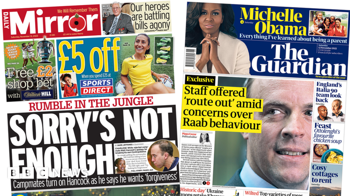 Newspaper headlines: 'Rumble in the jungle' and 'route out' from Raab ...