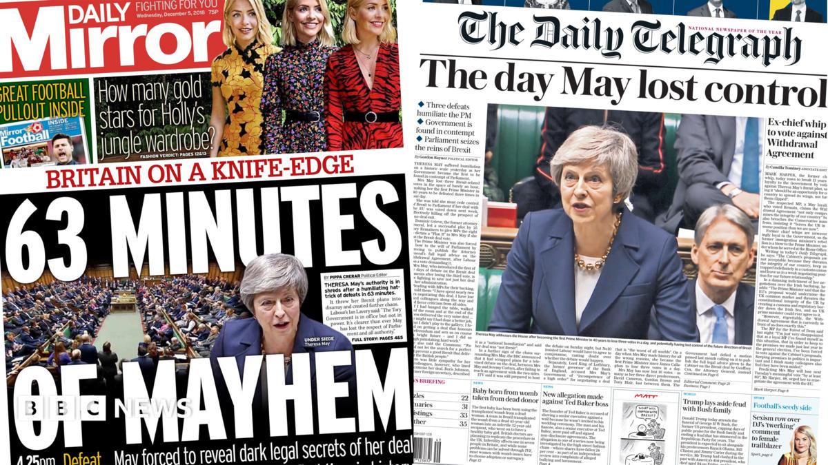 Newspaper headlines: Brexit defeat 'humiliation' for May - BBC News