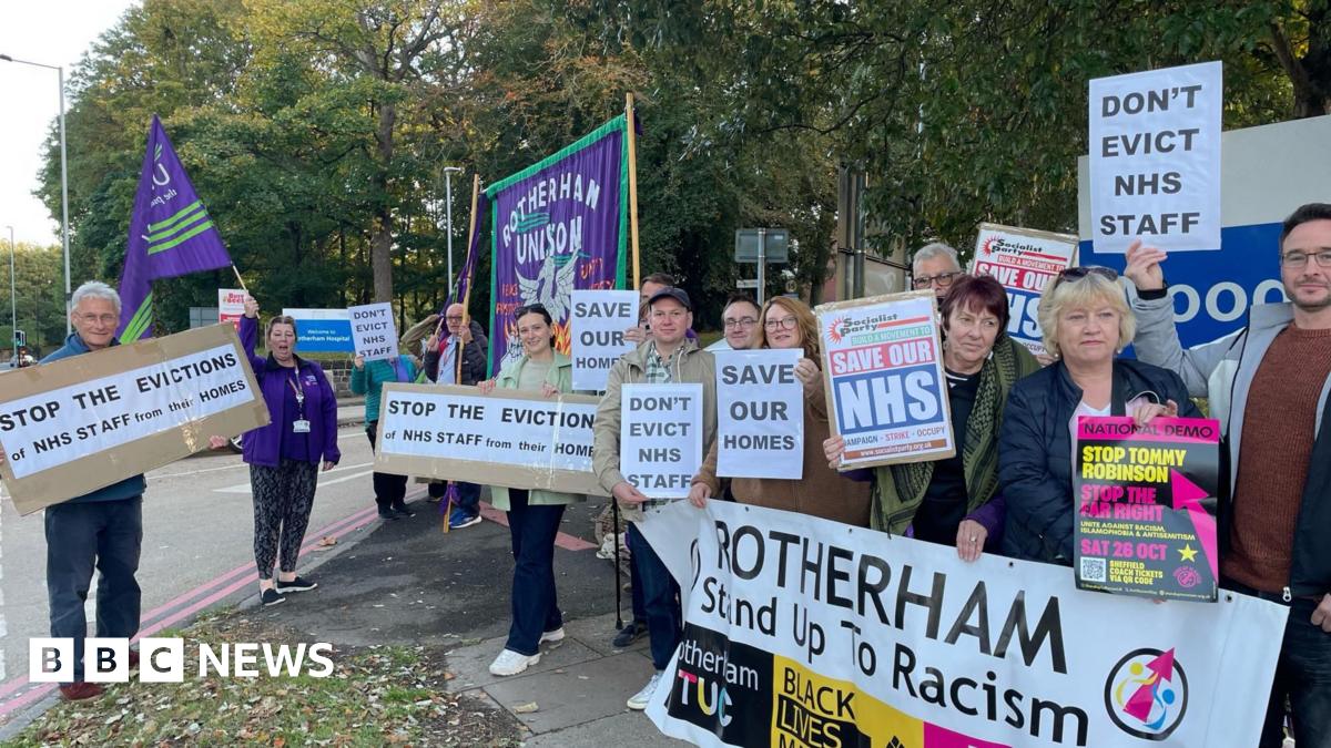 Rotherham hospital staff protest over accommodation eviction - BBC News