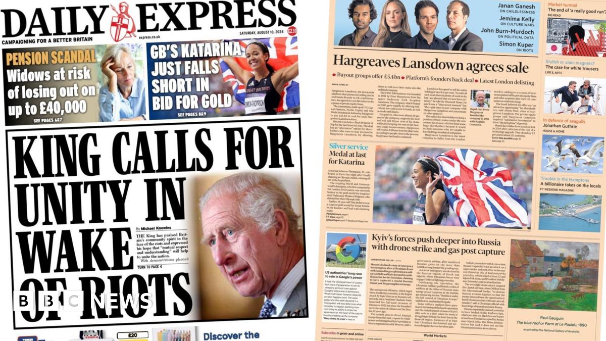 Newspaper headlines: 'King calls for unity' and 'medal at last' for KJT ...