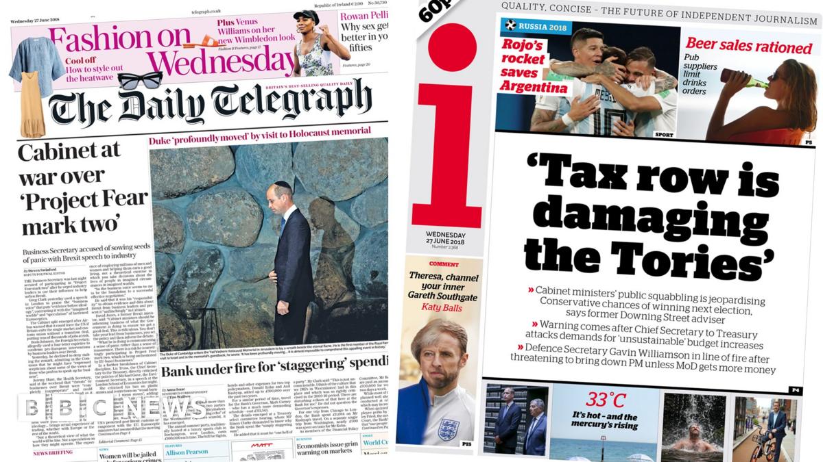 Newspaper headlines: 'Tax row' and 'cabinet at war' - BBC News