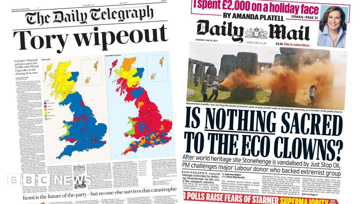 Newspaper headlines: 'Tory wipeout' and 'nothing sacred' - BBC News