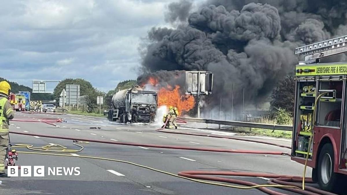Derbyshire: M1 reopens after oil tanker fire - BBC News