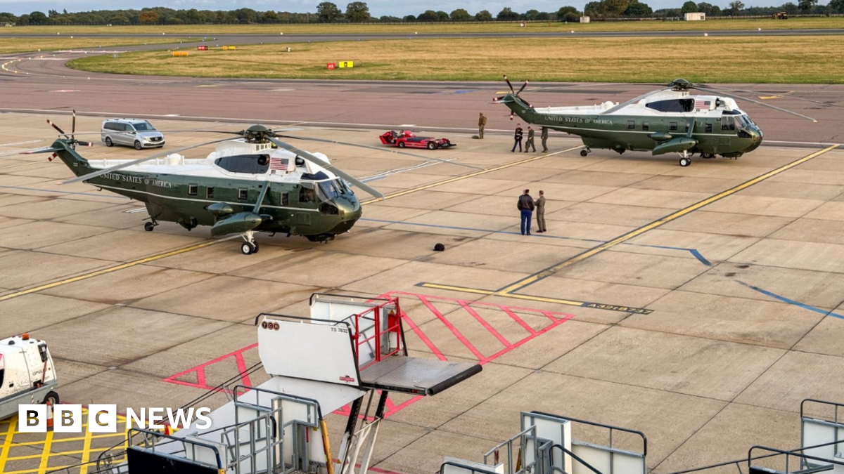 Trump diverted and forced to swap helicopters on way to Stansted - BBC News
