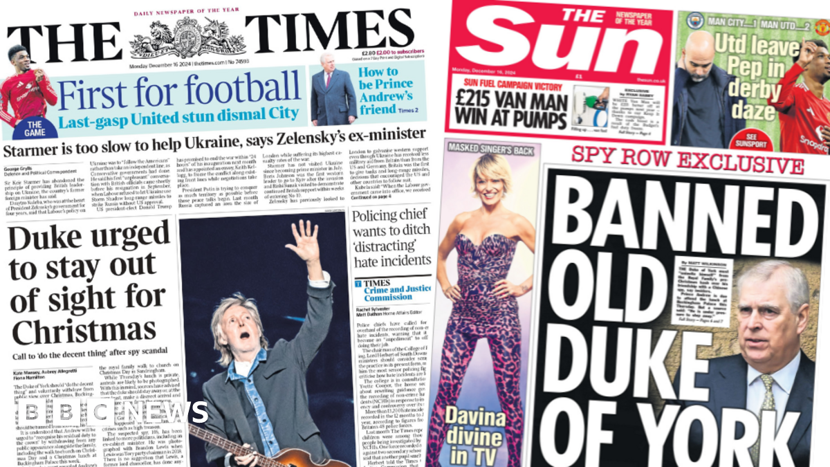Newspaper headlines: Prince Andrew urged to avoid royal Christmas - BBC News
