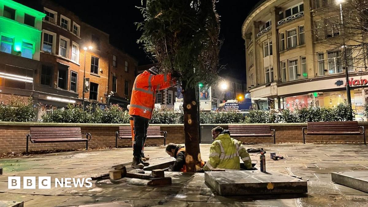 Derby Christmas tree put in place ahead of city lights switch-on - BBC News