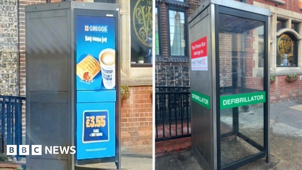 Greggs 'sorry' after defibrillator phone covered by advertising - BBC News
