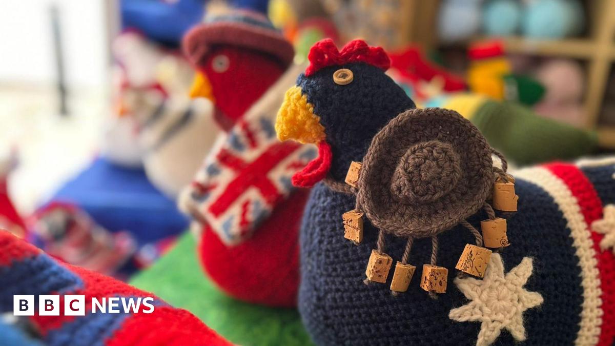 Olympic-themed knitted hens take over Long Melford shop front - BBC News
