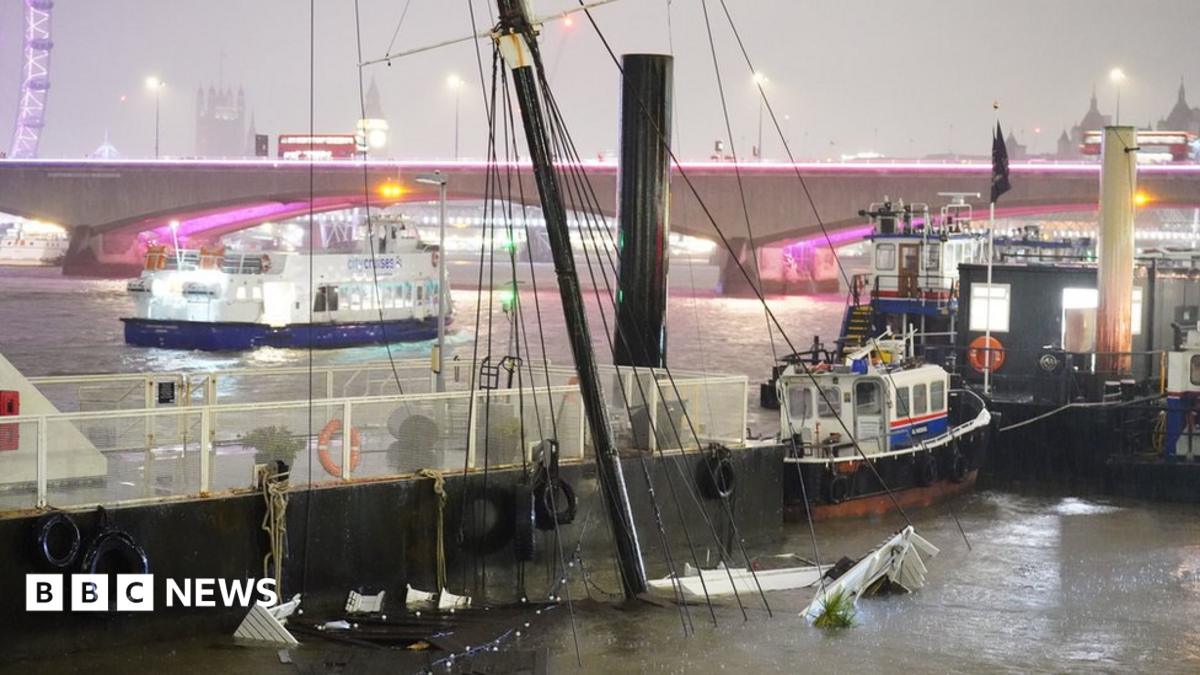 London flooding: Floating bar sinks during Storm Henk - BBC News