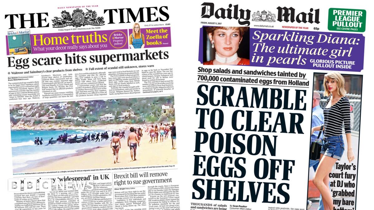 Newspaper headlines: Eggs scare sparks safety scramble - BBC News
