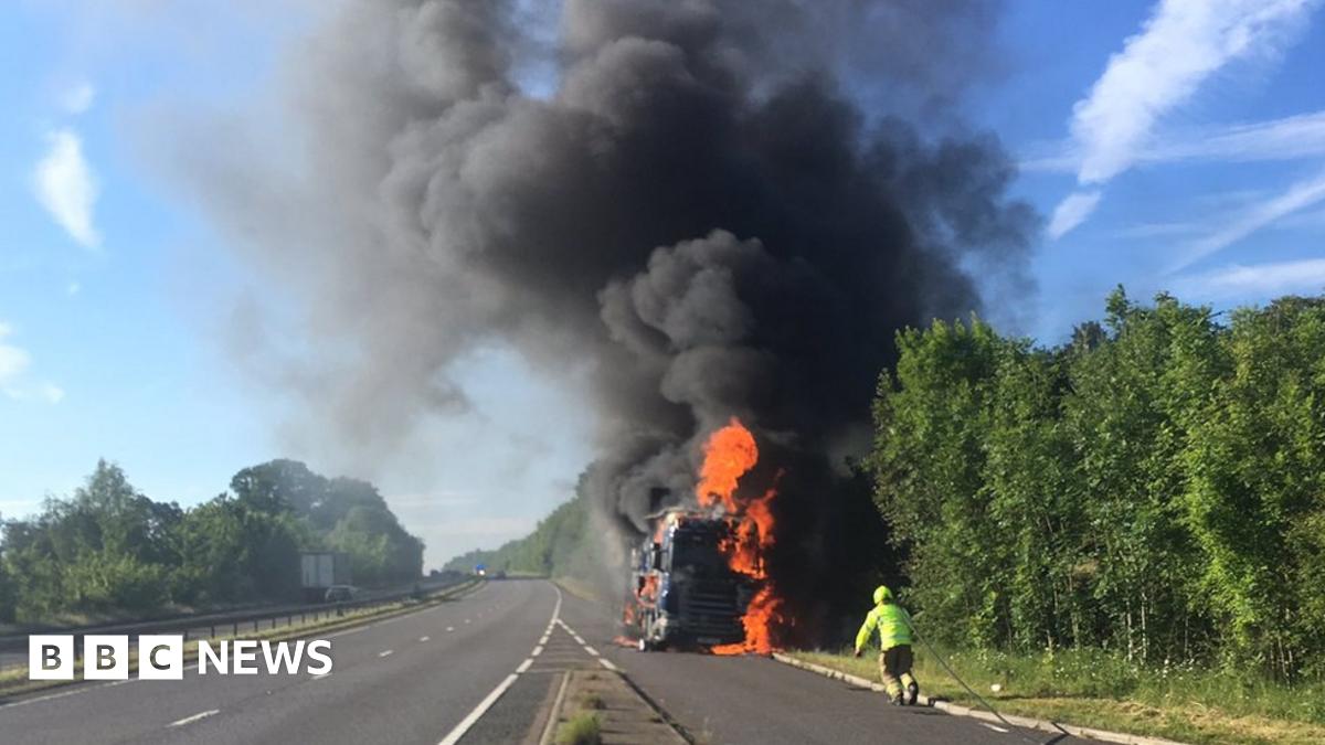 Cider lorry catches fire on A41 in Hertfordshire - BBC News