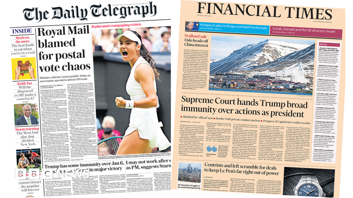 Newspaper headlines: 'Postal vote chaos' and Trump has 'broad immunity ...