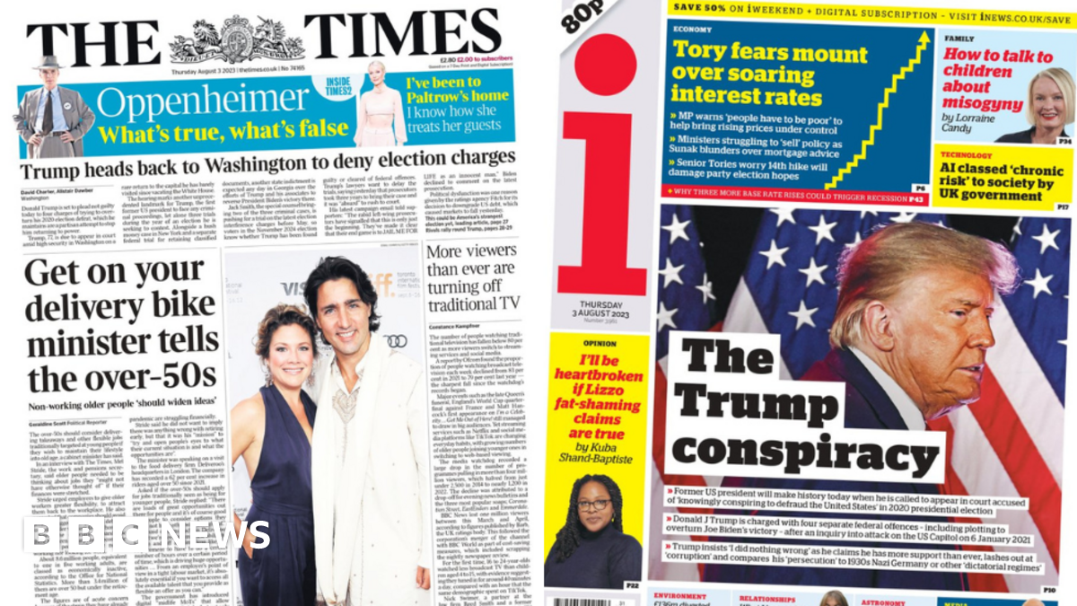 Newspaper headlines: Donald Trump charged and Justin Trudeau's split ...