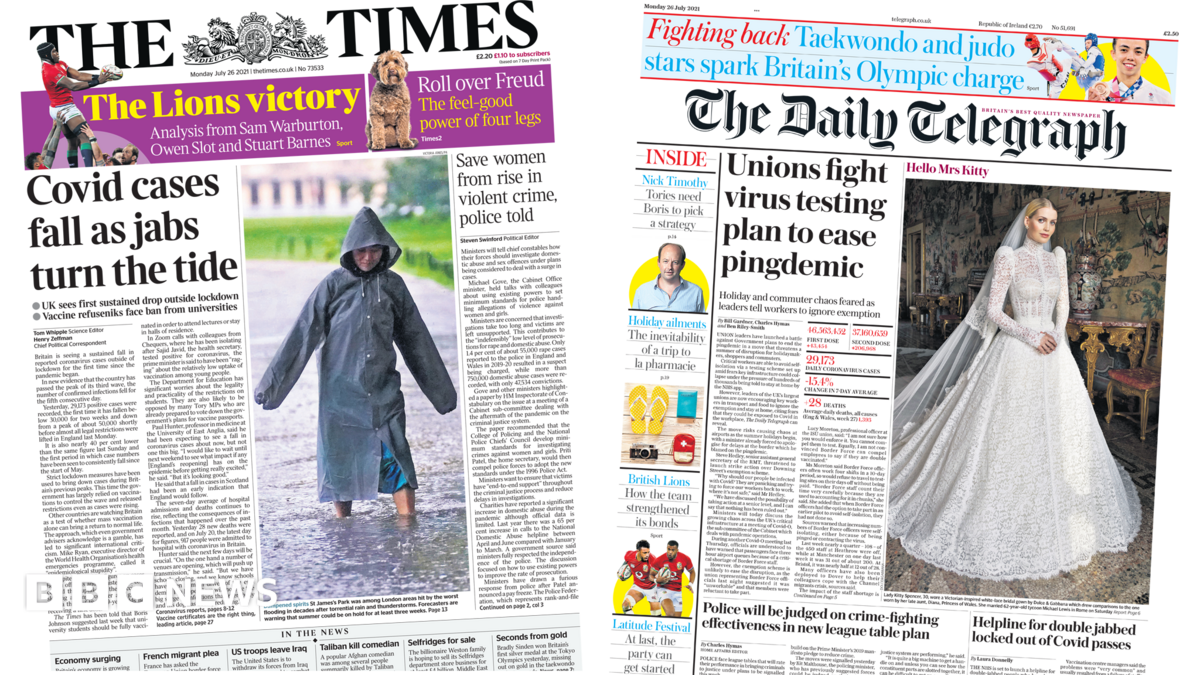 Newspaper headlines: Cases fall as jabs turn tide and unions fight ...