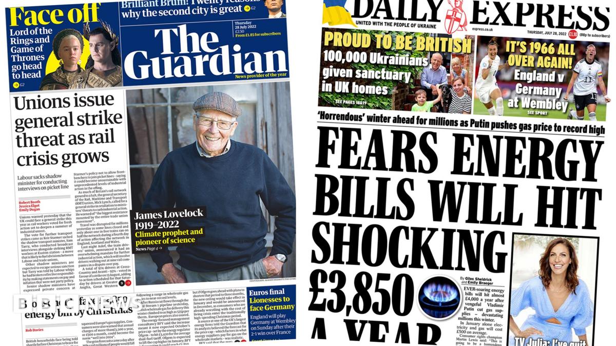 Newspaper headlines: 'General strike threat' and fears of £3,850 energy ...