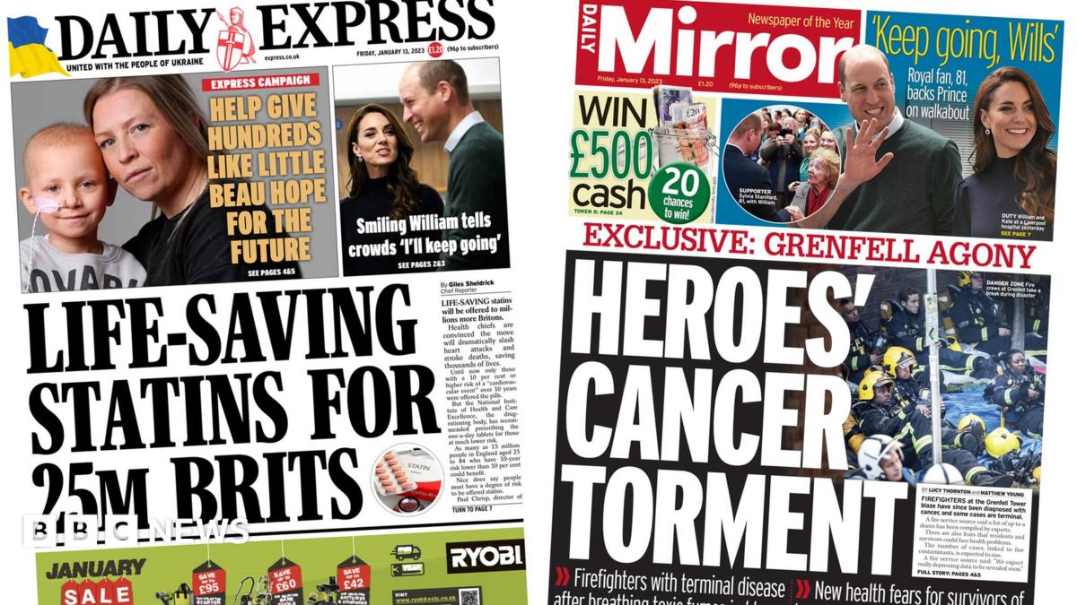 Newspaper headlines: 'Life-saving statin handout' and 'Grenfell agony ...