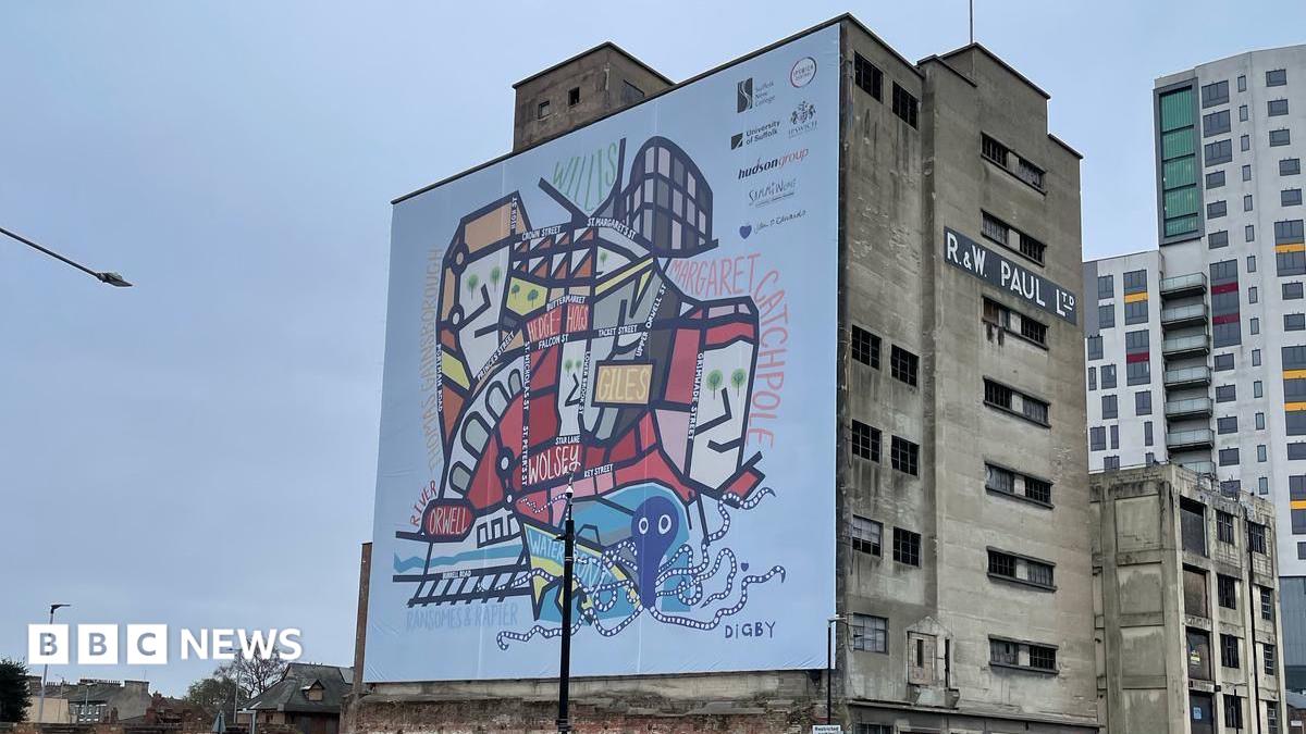 Ipswich waterfront new banner featuring octopus mascot unveiled - BBC News