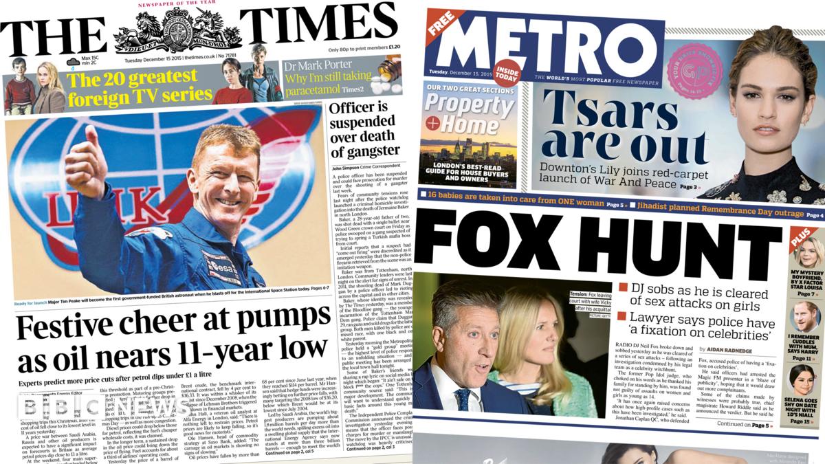 Newspaper headlines: Peake space launch, DJ Fox cleared, EU polls, and ...