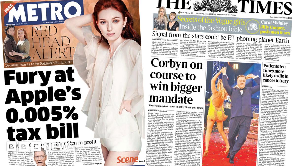 Newspaper headlines: Apple 'rages' over tax bill as UK sees ...