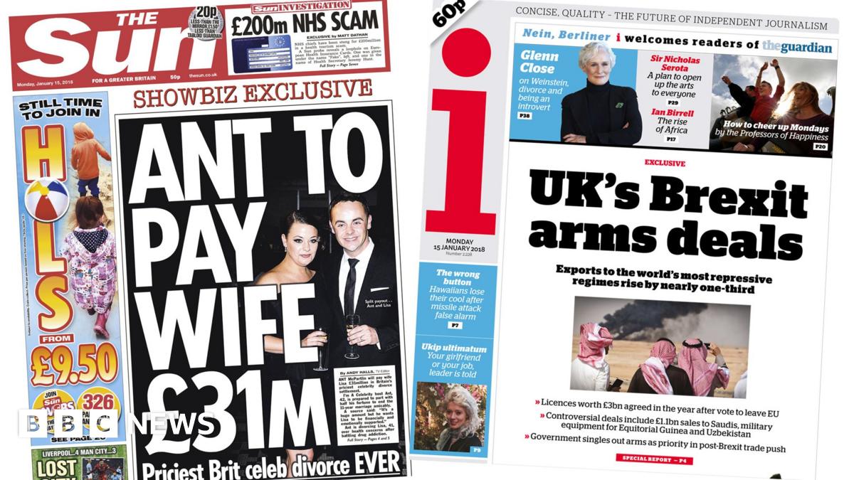 Newspaper headlines: Brexit arms deals and 'priciest' divorce - BBC News