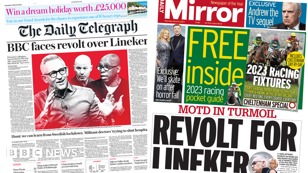 Newspaper headlines: BBC faces 'revolt' over Lineker as stars walk out ...