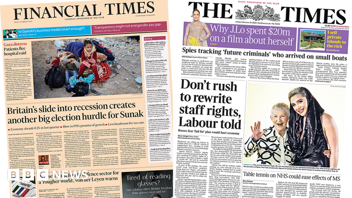 Newspaper headlines: 'Britain's recession slide' and caution on staff ...