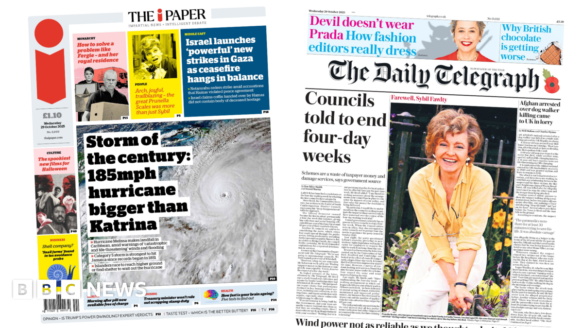 Newspaper headlines: 'Storm of the century' and 'Farewell, Sybil Fawlty ...