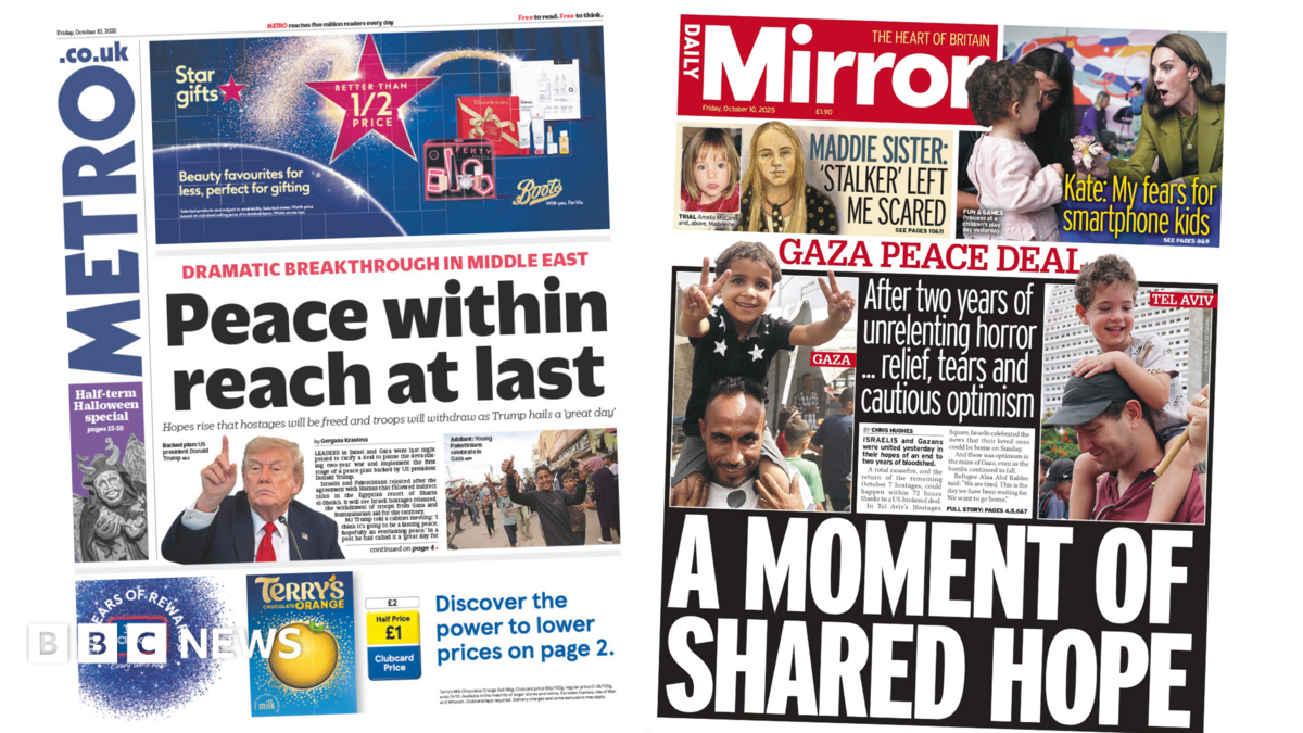 Newspaper headlines: 'Peace within reach' and 'A moment of shared hope ...