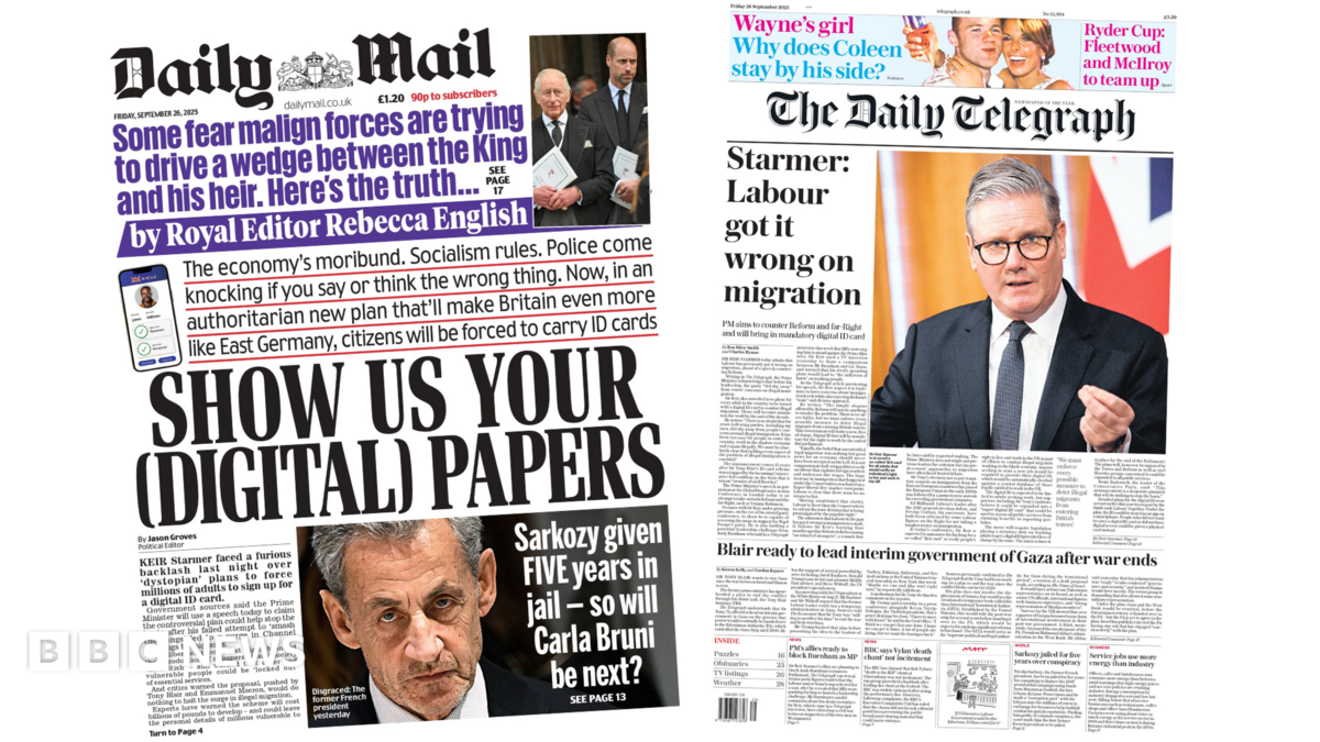 Newspaper headlines: 'Show us your (digital) papers' and 'Blair ready ...